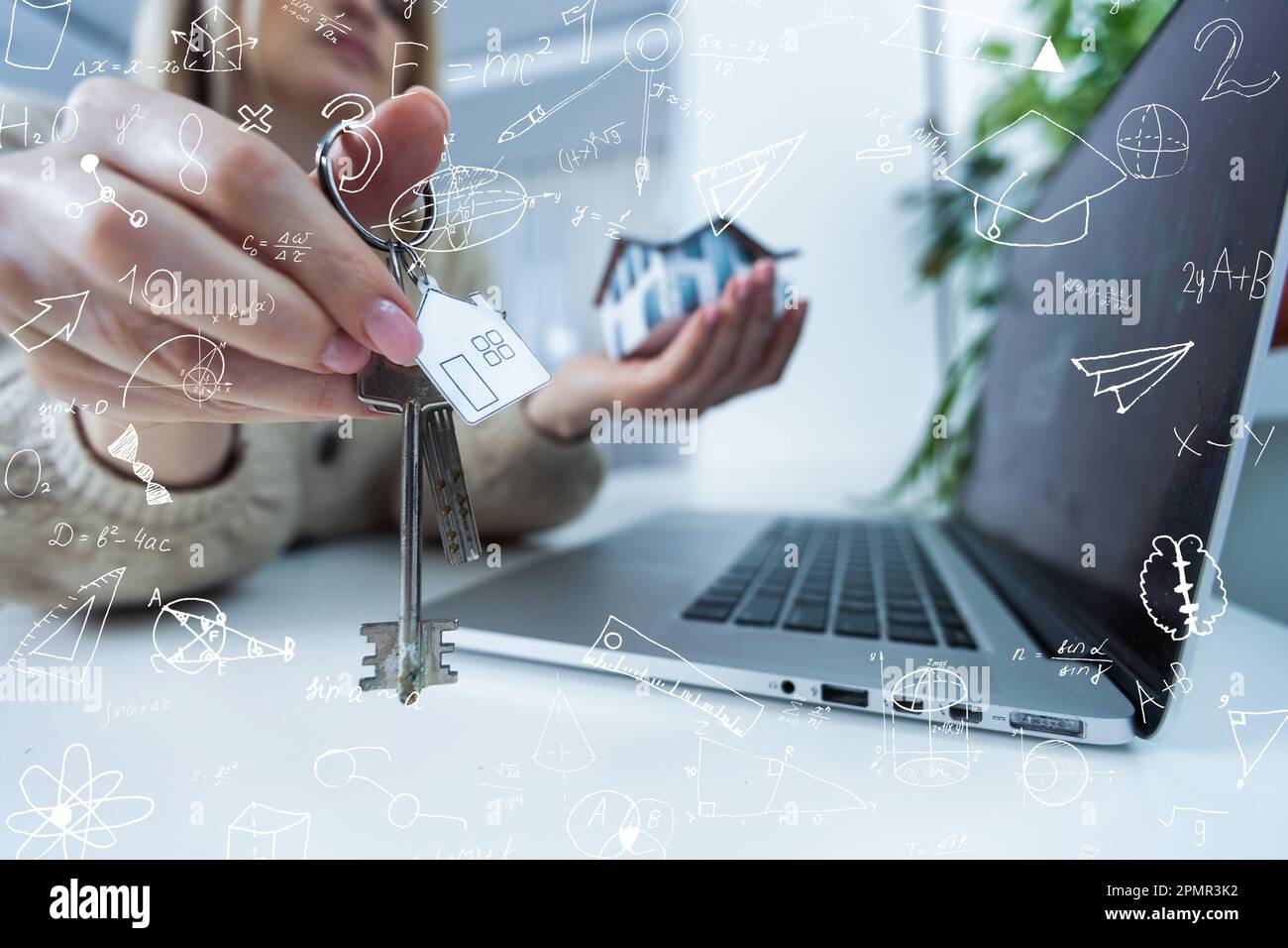 Quantitative analyst is drawing different math formulas on the glass ...