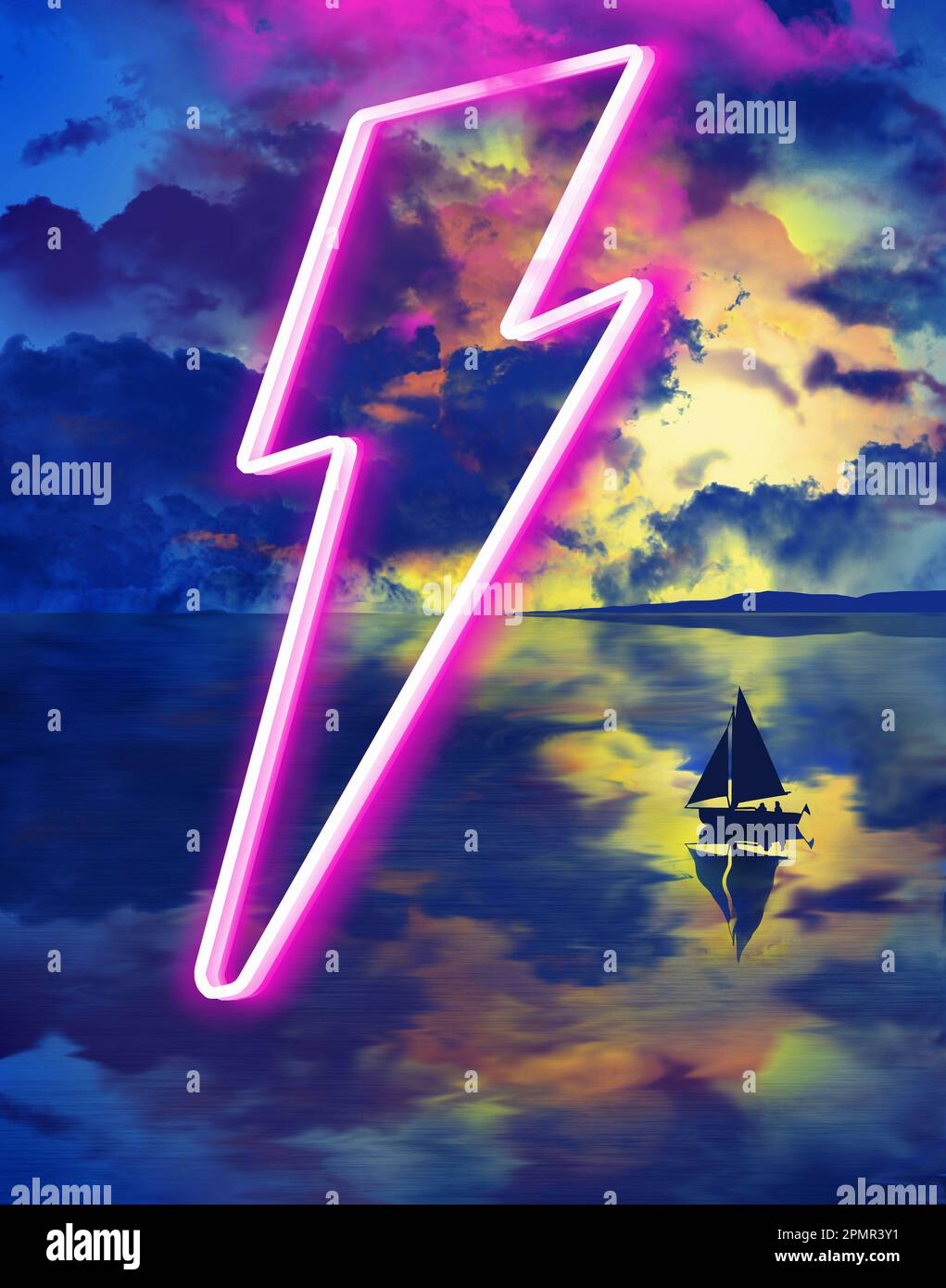 A neon bolt of lightning in front of a stormy sky and a sail boat ...