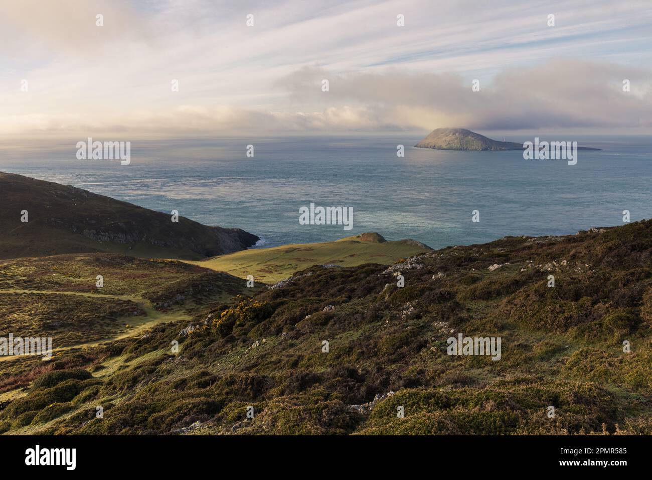View of Ynys Enlli (Bardsey Island) from Mynydd Mawr, Llyn Peninsula ...