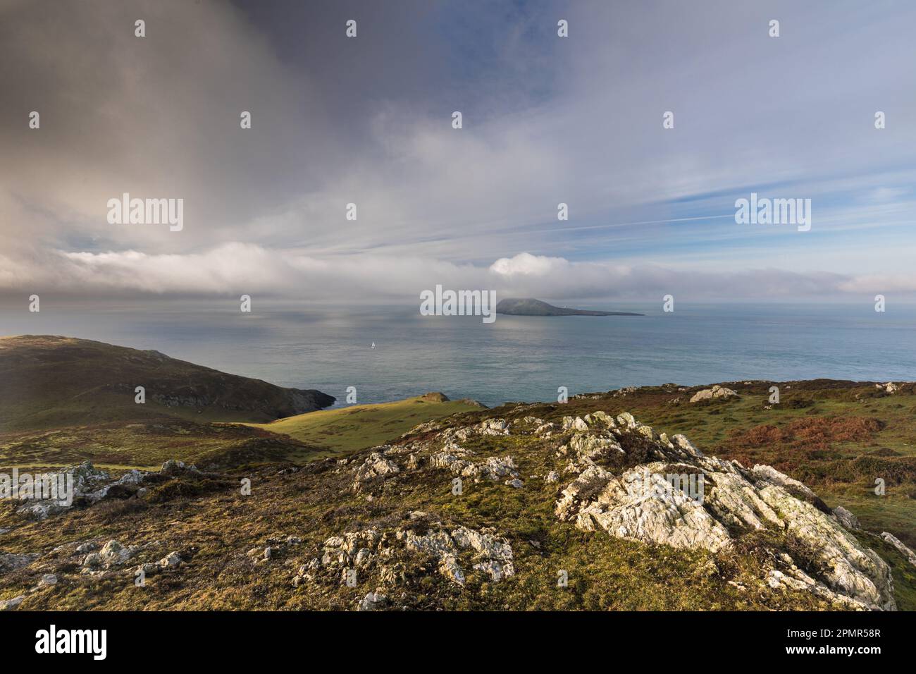 View of Ynys Enlli (Bardsey Island) from Mynydd Mawr, Llyn Peninsula ...