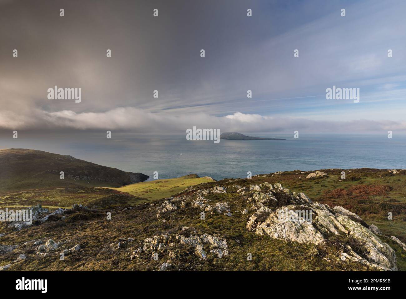 View of Ynys Enlli (Bardsey Island) from Mynydd Mawr, Llyn Peninsula ...
