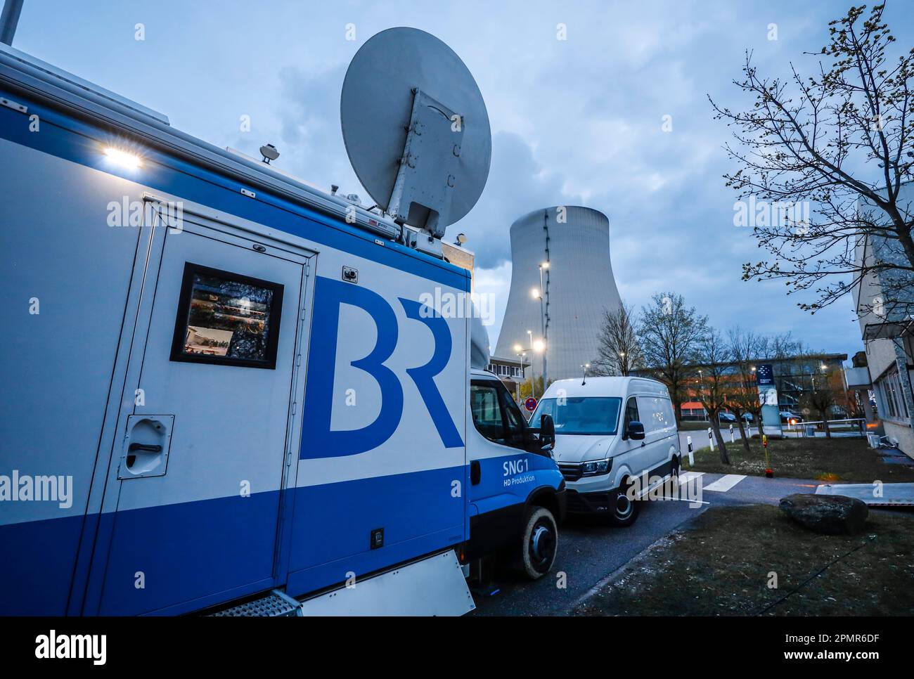 Essenbach, Germany. 14th Apr, 2023. Broadcast trucks are parked on the ...