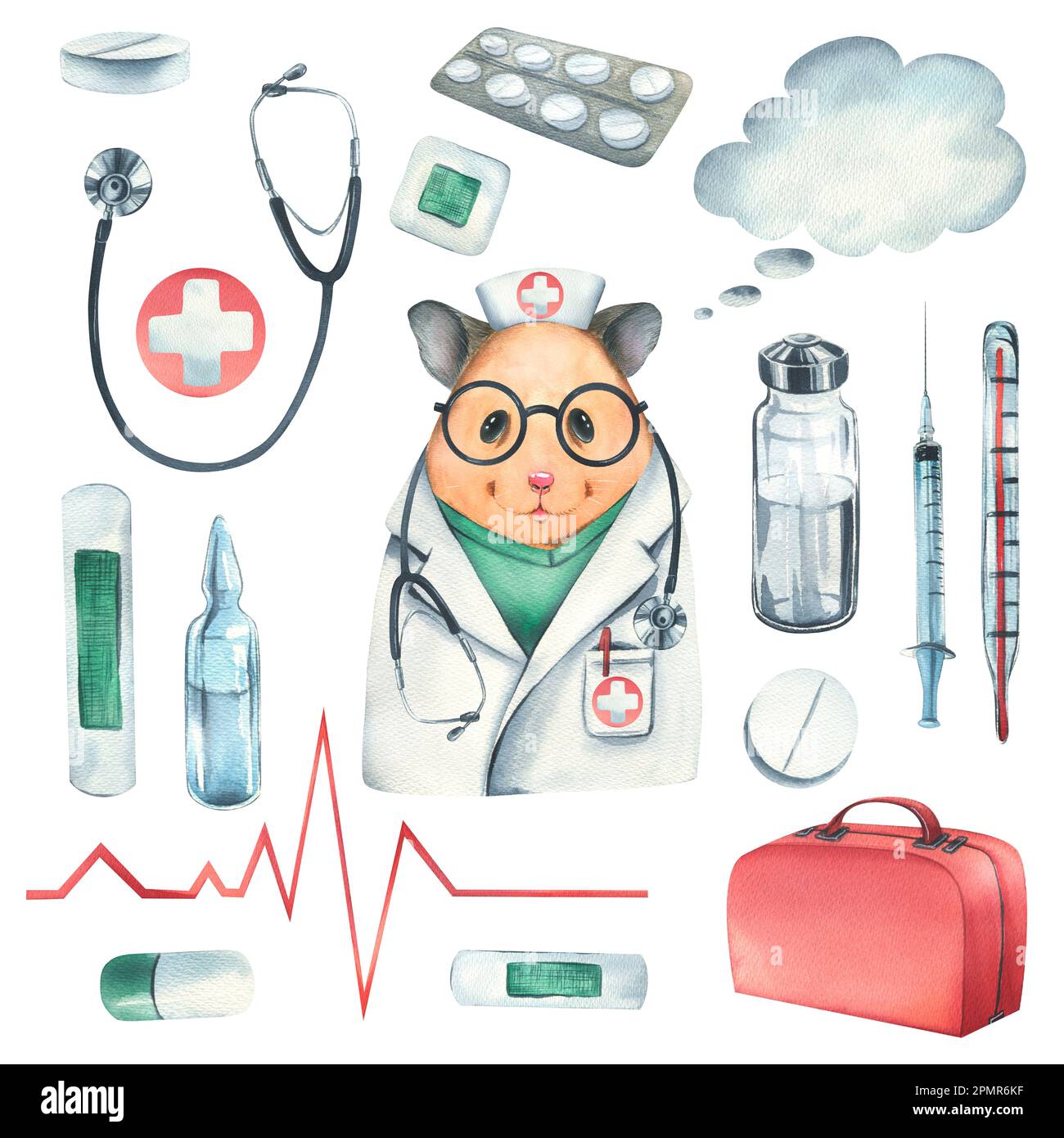 Hamster doctor in a dressing gown, glasses, with a stethoscope, a ...
