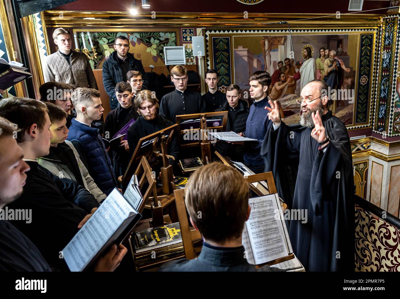 Kyiv, Ukraine. 14th Apr, 2023. A Priest Ukrainian choir sings during ...