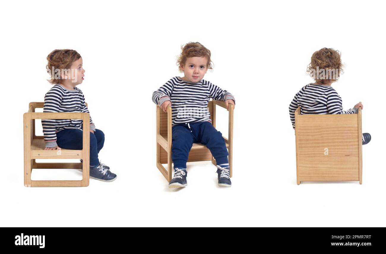 front,side and back view of a same baby boy sitting on chair on white ...
