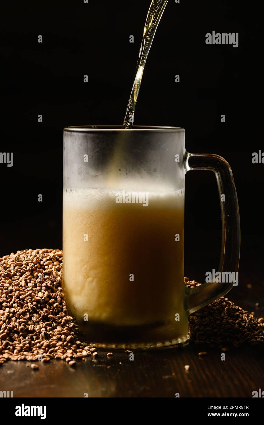 Beer is poured into a cold beer glass on a dark background. The glass ...