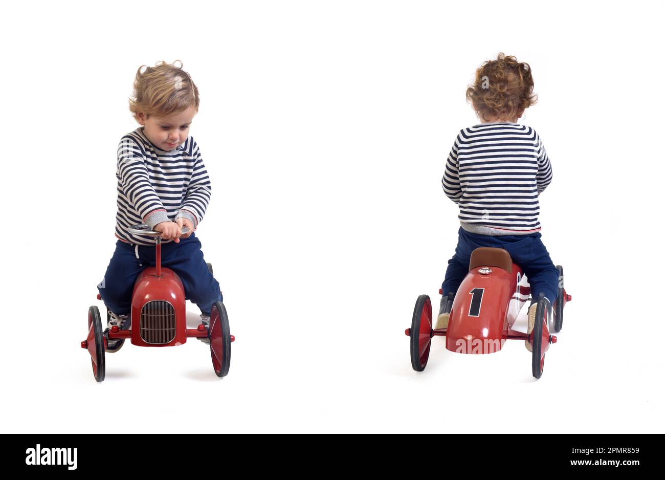 front and back view of a same baby boy playing and driving a car toy on ...