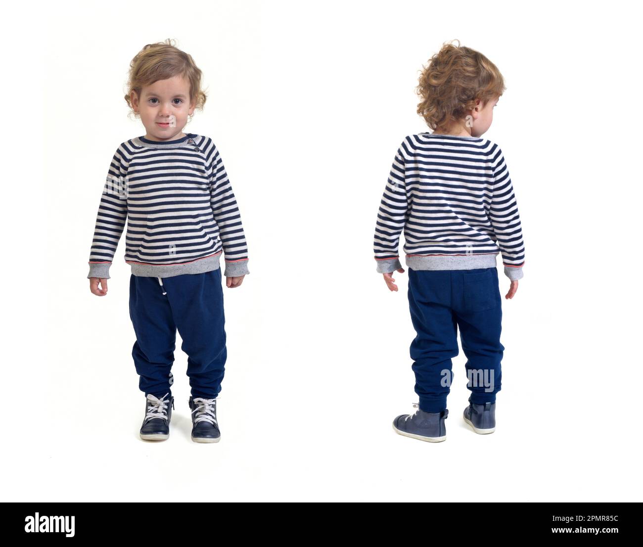 front and back view of same baby boy standing on white background Stock ...
