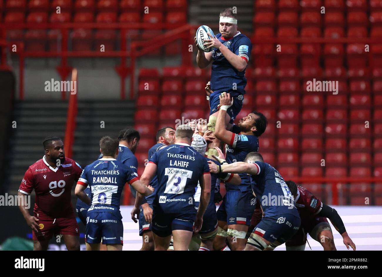Bristol Bears' Joe Batley claims the ball in a line out during the ...