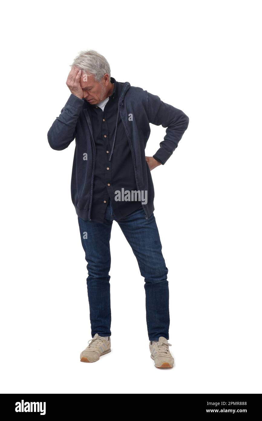 full length portrait of a man in headache pain isolated on white Stock ...