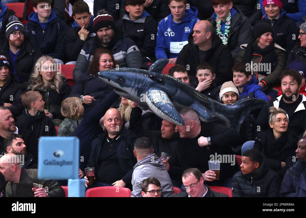 An inflatable shark is passed around in the Bristol Bears seating ...