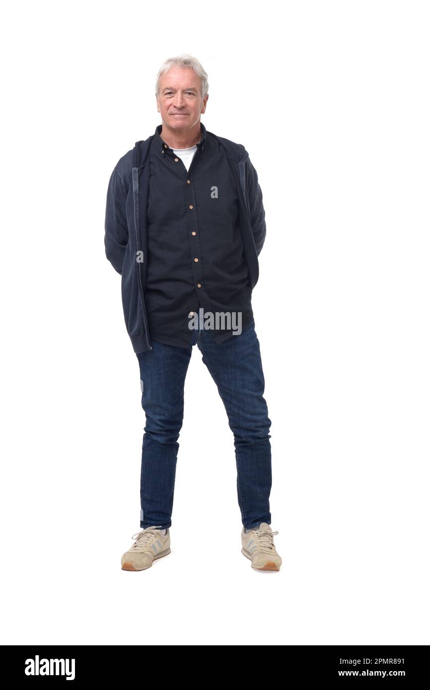 full length front view portrait of a man looking at camera on white ...