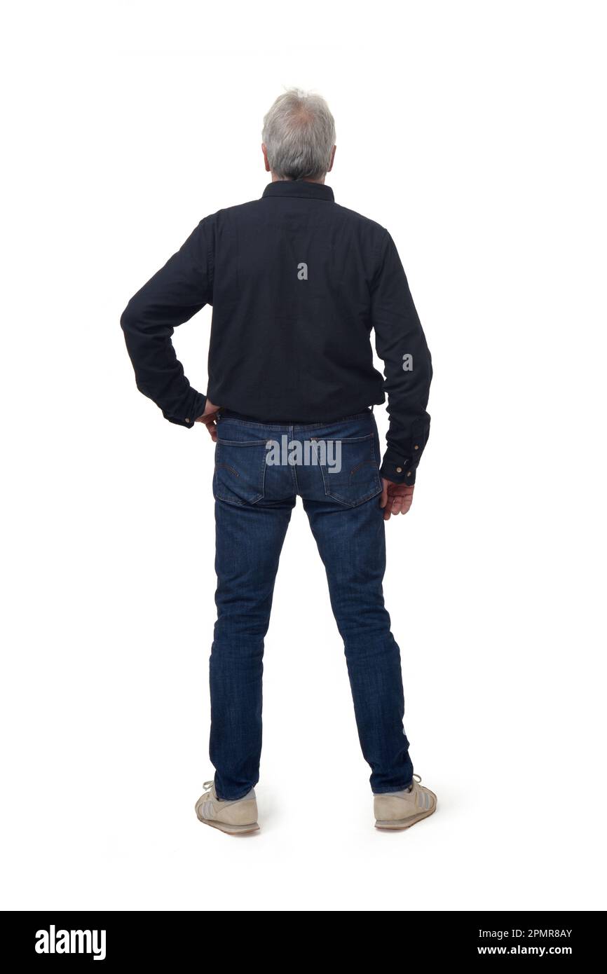 Rear view portrait of a man with arms akimbo on white background Stock ...