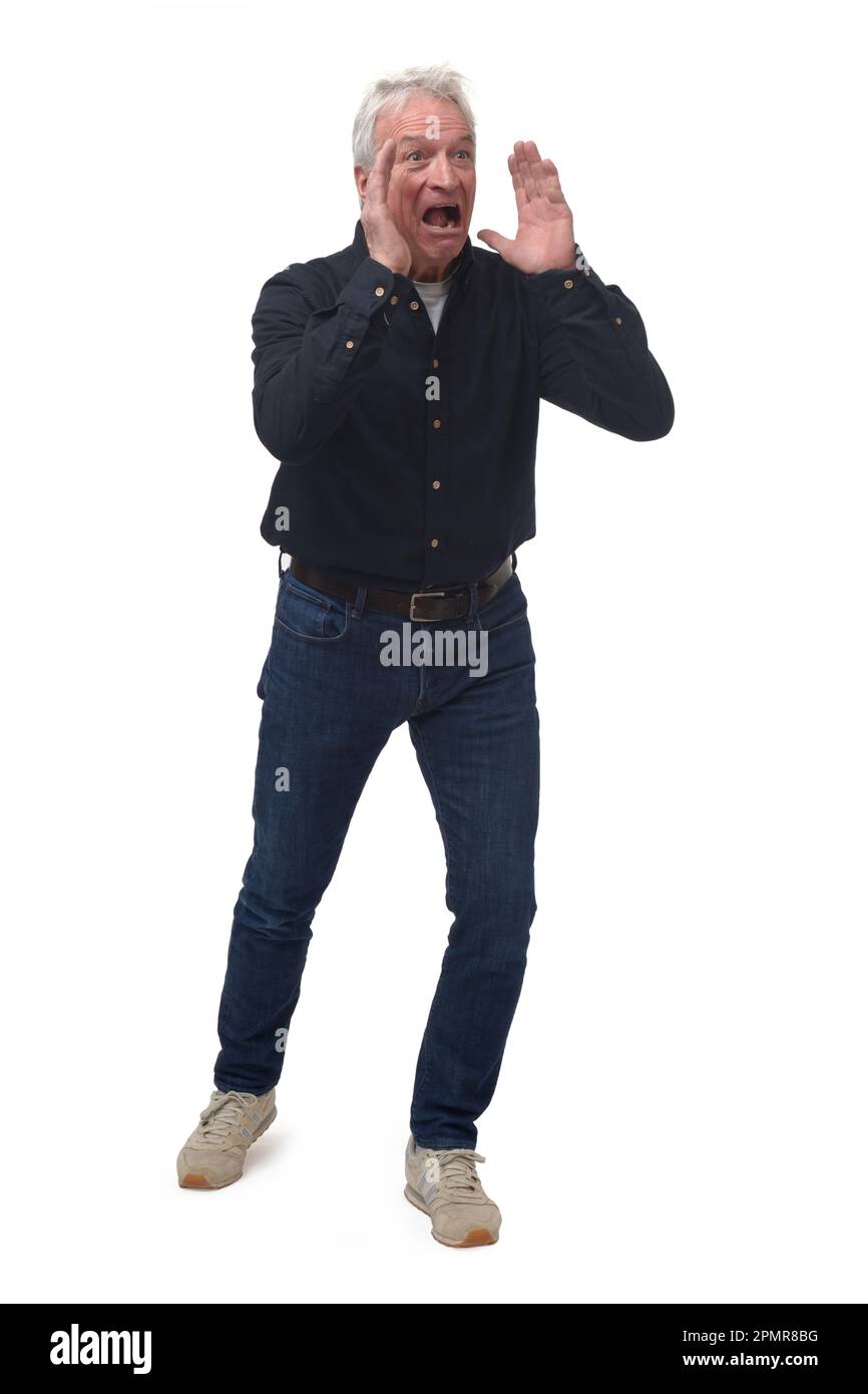 screaming man with open mouth and raised arms on white background Stock ...