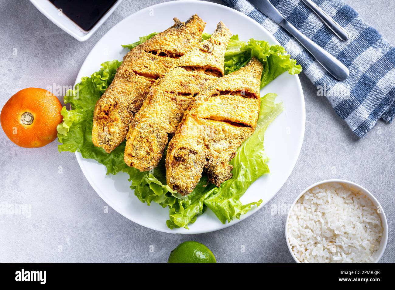 Fried "peroa" fish, lettuce salad, tomato, lemon, rice, beans and ...
