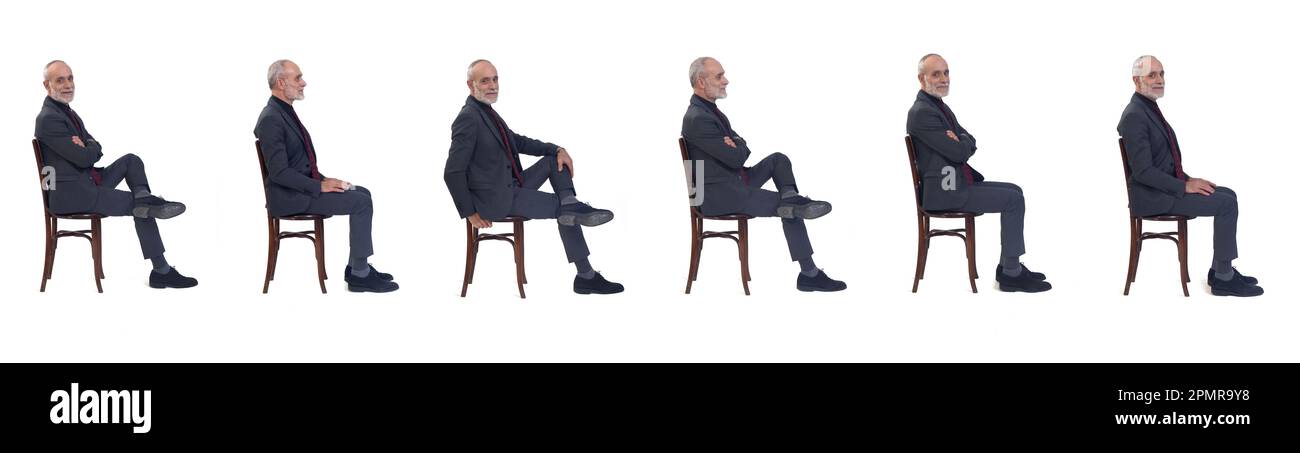 side view of a group of same man sitting on chair with suit and tie on ...