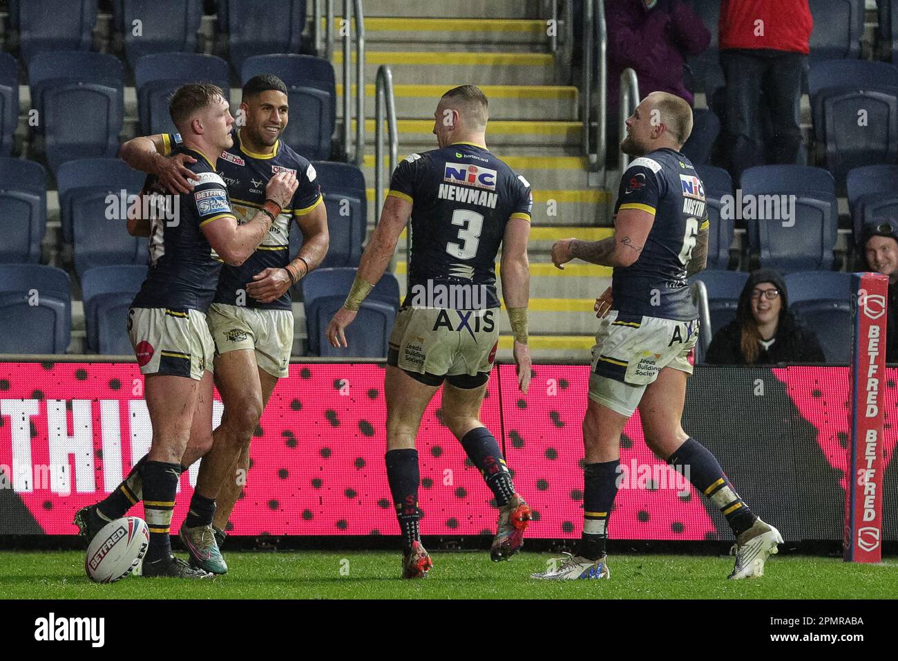 Leeds, UK. 14th Apr, 2023. Tom Holroyd #18 of Leeds Rhinos celebrates ...