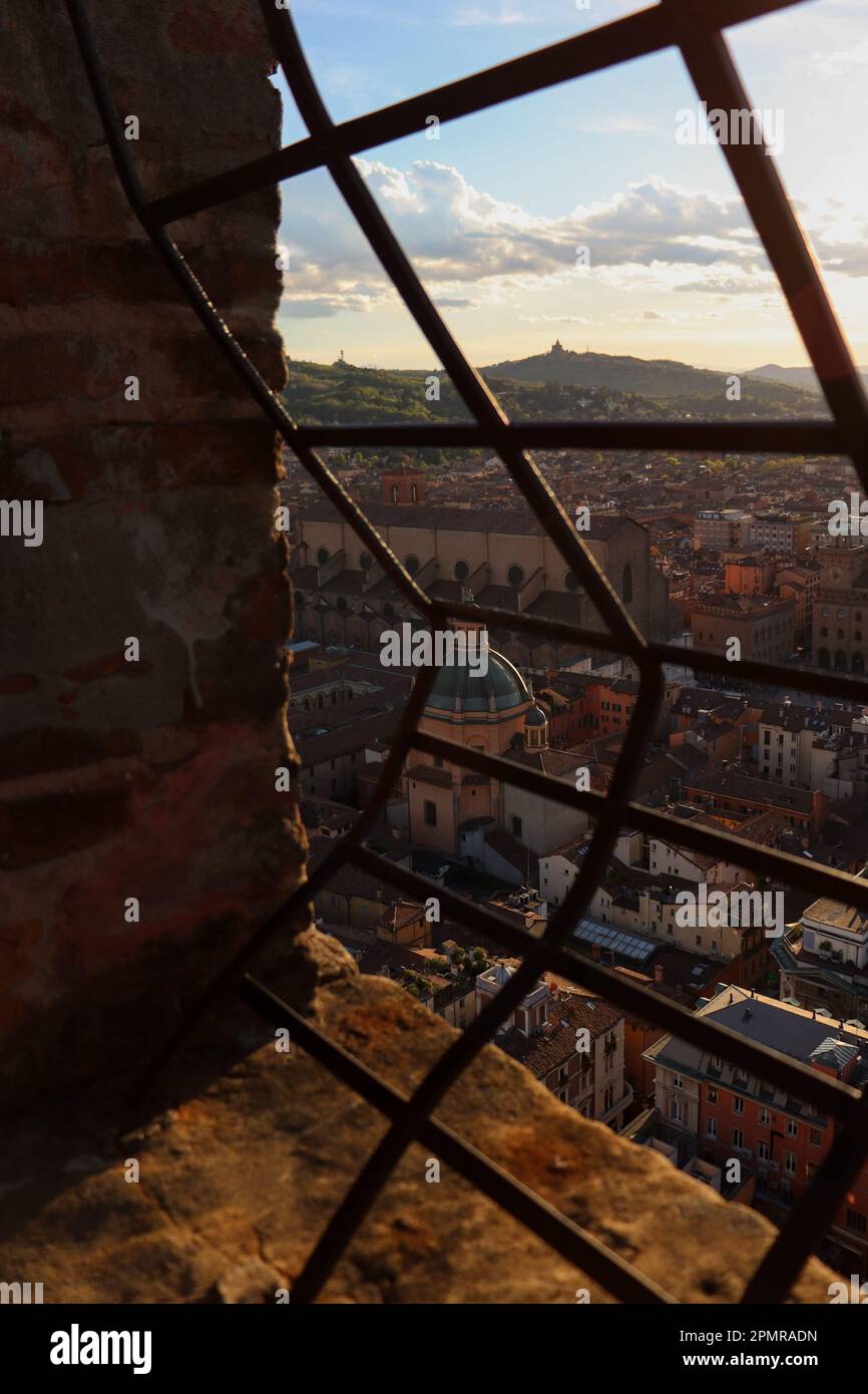 View of Bologna through bars from the top of the Asinelli tower Stock ...