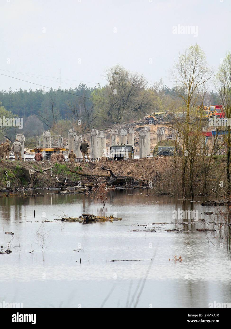 IVANKIV, UKRAINE - APRIL 14, 2023 - A pontoon bridge is being ...
