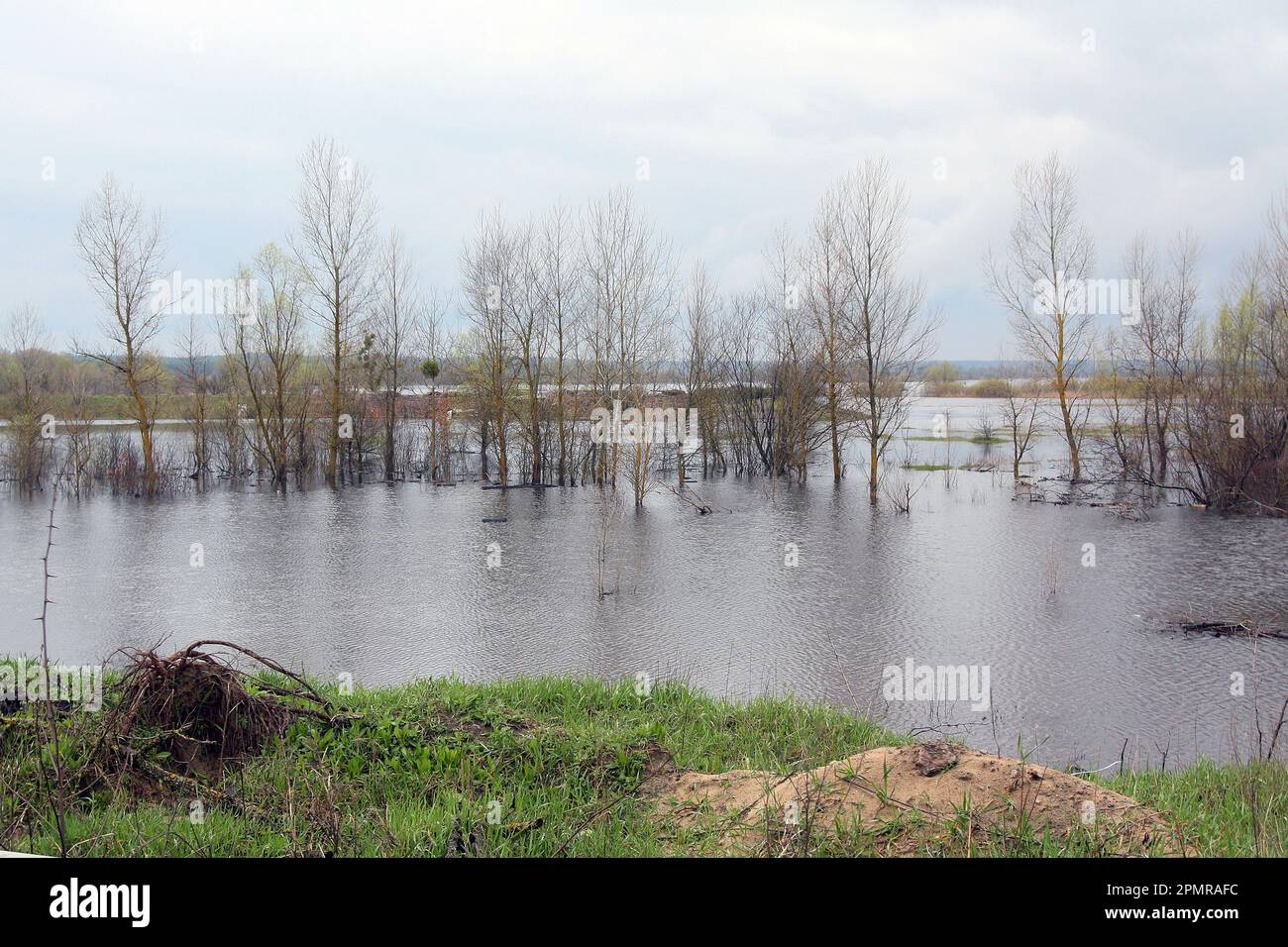 IVANKIV, UKRAINE - APRIL 14, 2023 - A flooded territory is pictured in ...