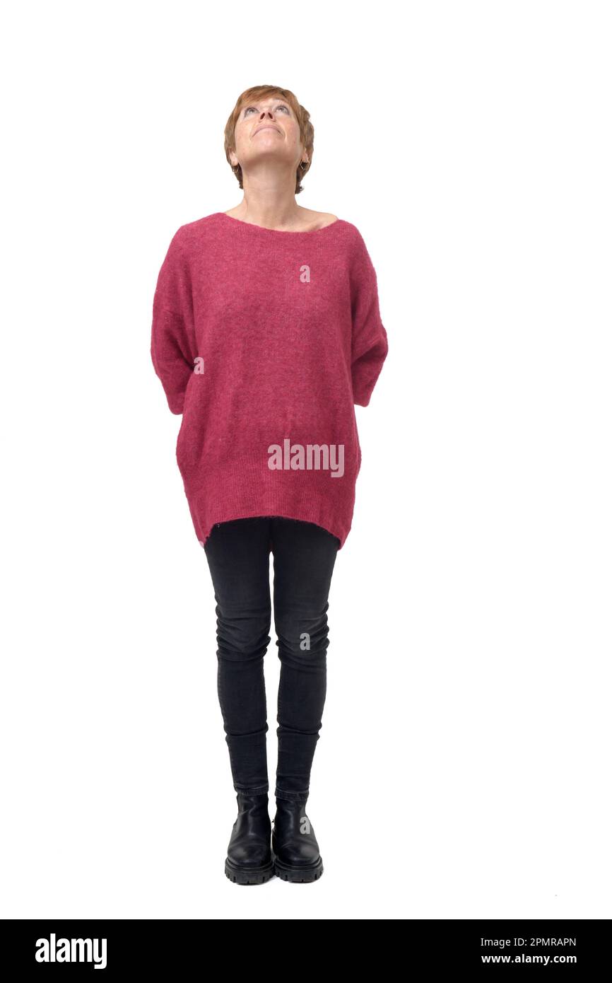 front view of a woman looking up on white background Stock Photo - Alamy