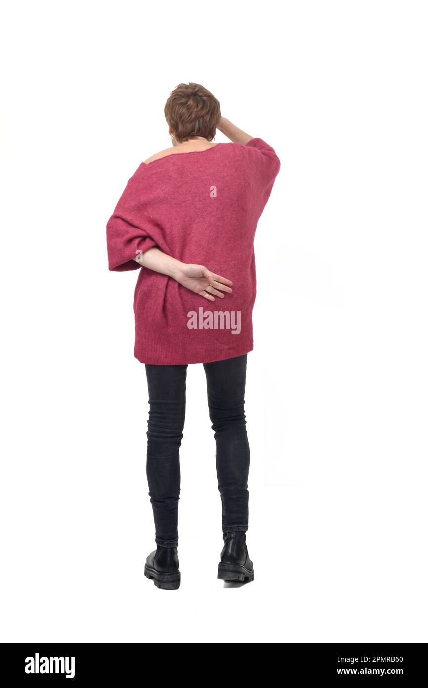 back view of standing woman looking away with hand on forehead on white ...