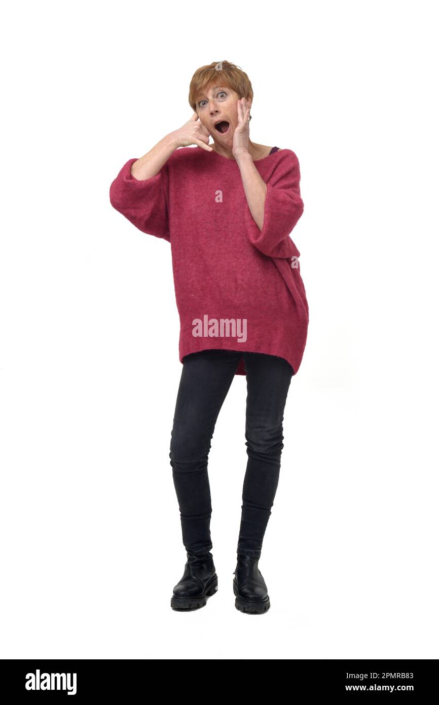 front view of a woman making phone gesture and face expression and open ...