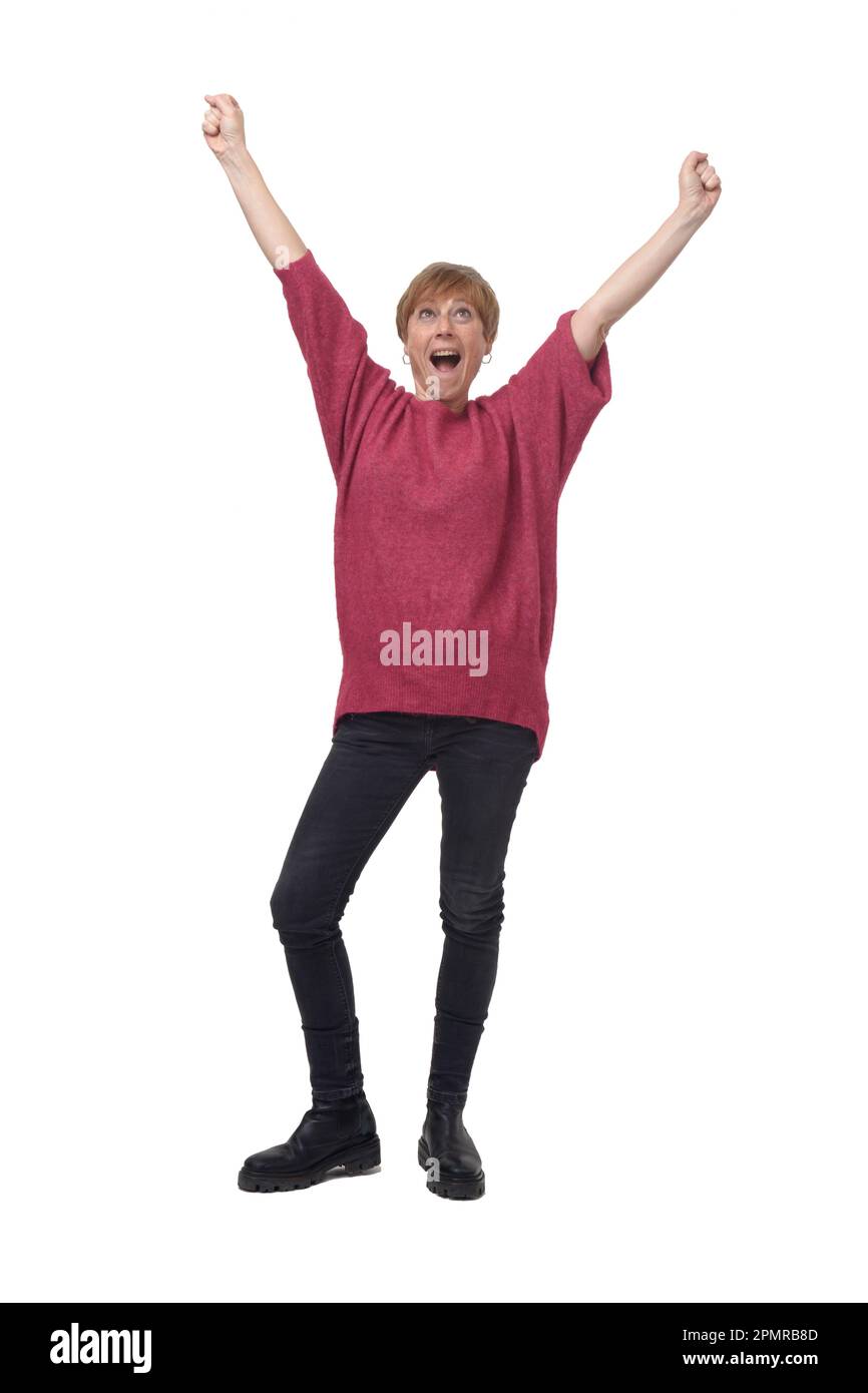 Mature woman arms raised happy Cut Out Stock Images & Pictures - Alamy