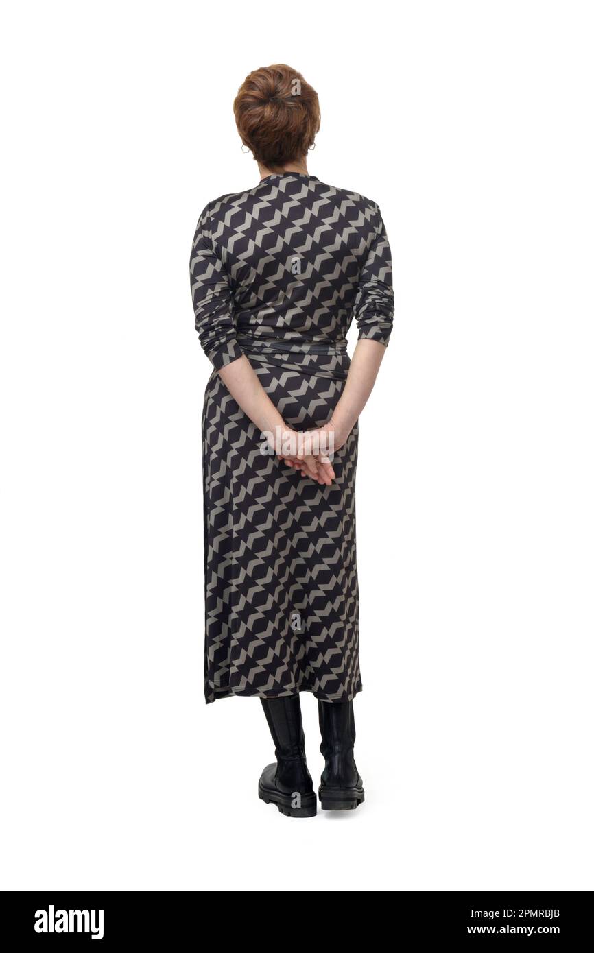 back view of a woman with arms crossed at back on white background ...