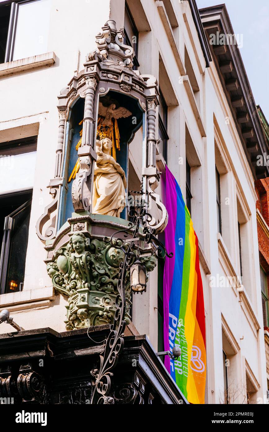 One of the Antwerp Madonnas. Small niches in the corners of the houses ...