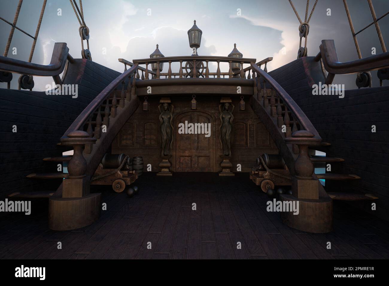 Deck of an old wooden pirate ship with door to cabin and steps leading ...