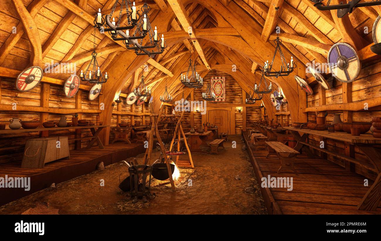 Viking long house interior with fire pit, wooden tables of food and ...