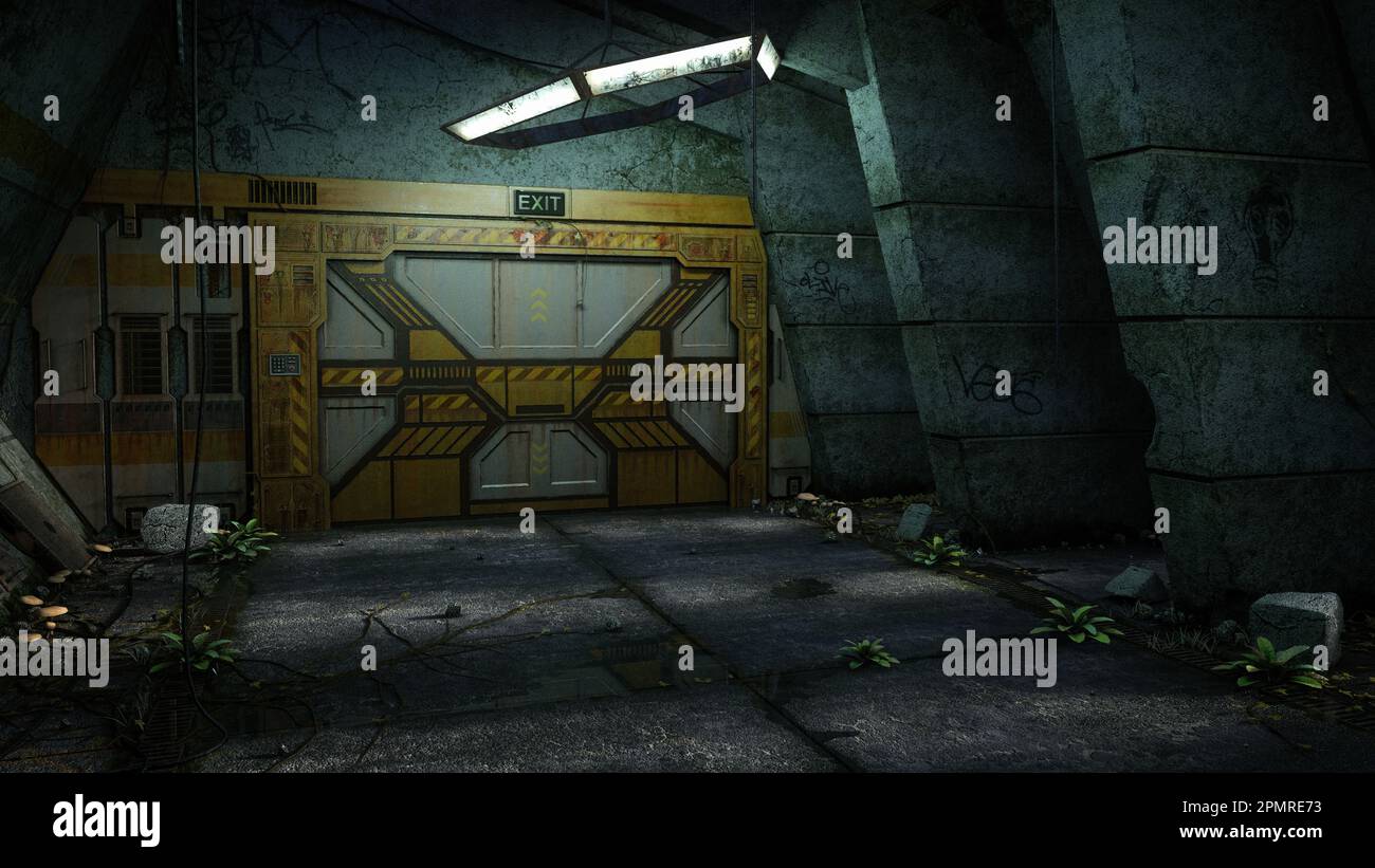 Grungy futuristic cyberpunk underground tunnel with large closed door ...