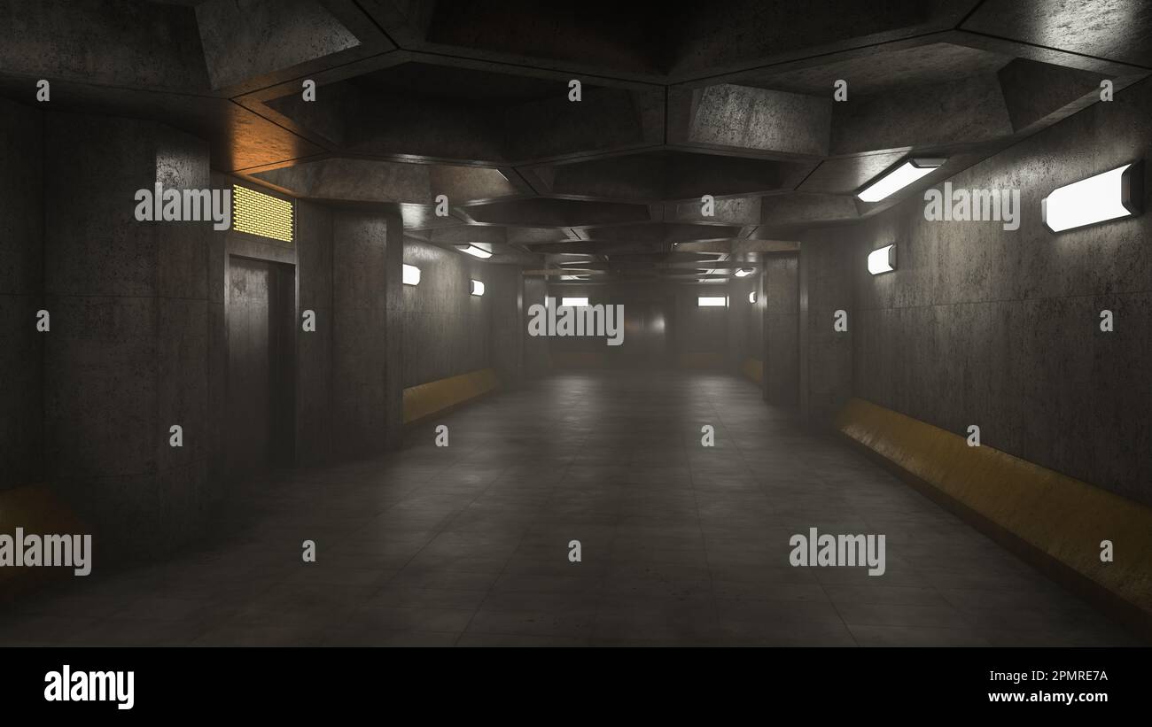 Dark moody futuristic science fiction interior corridor. 3D ...