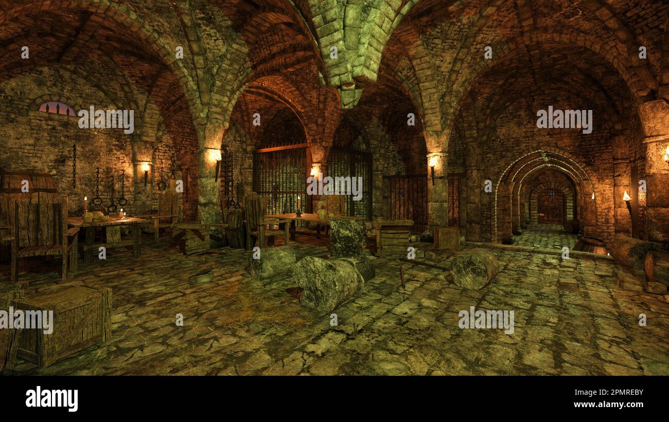 Ancient medieval dungeon with stone arched ceiling, wooden tables and ...