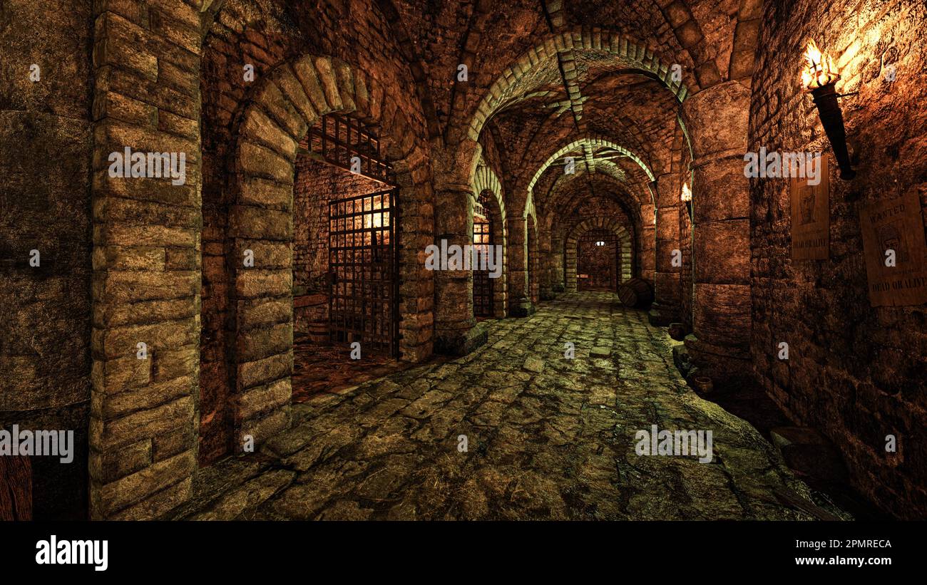 Old medieval castle dungeon tunnel with a row of prison cells, lit by ... Old medieval castle dungeon tunnel with a row of prison cells, lit by ...
