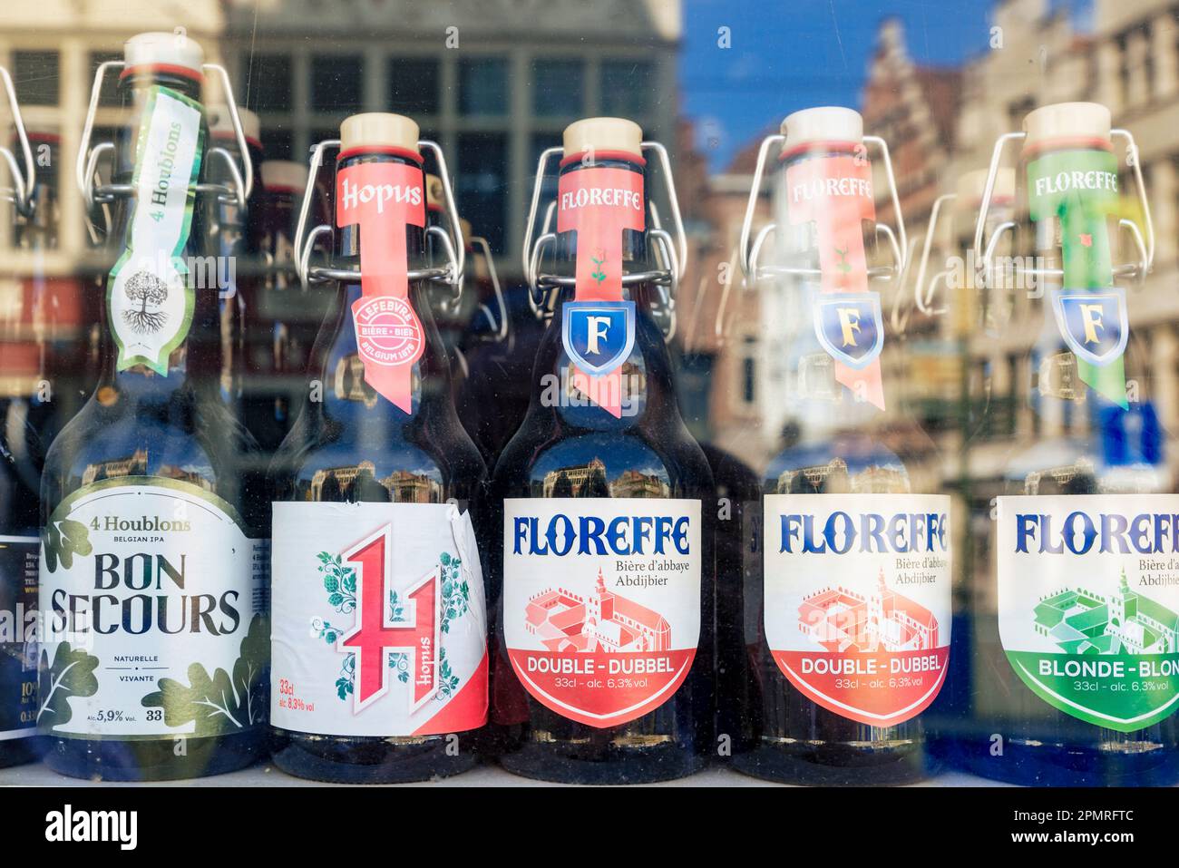 Beer bottles in shop window. Ghent, East Flanders, Flemish Region ...
