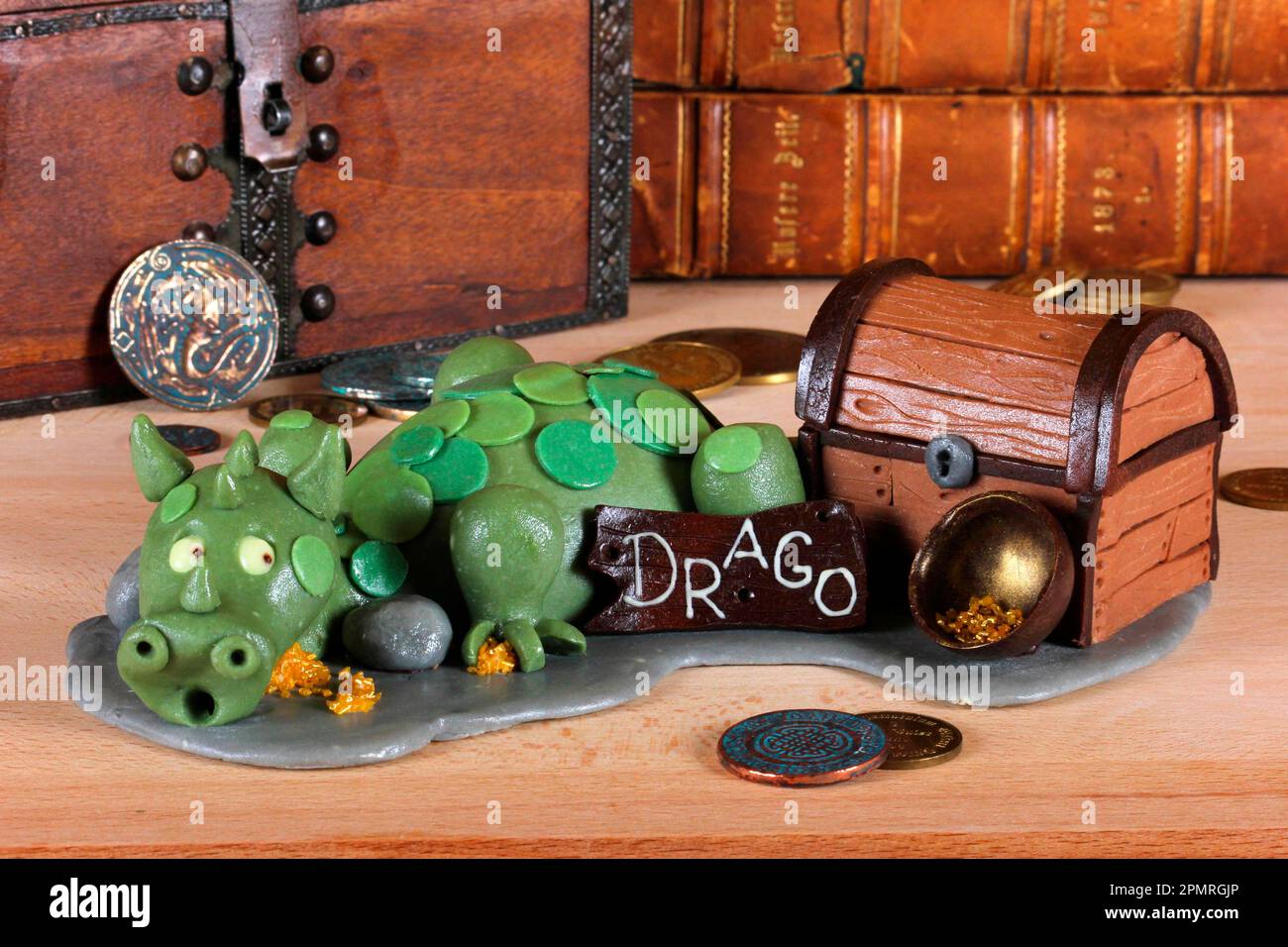 Chocolate dragon and treasure chest, sculpted, sculpted, sculpted ...