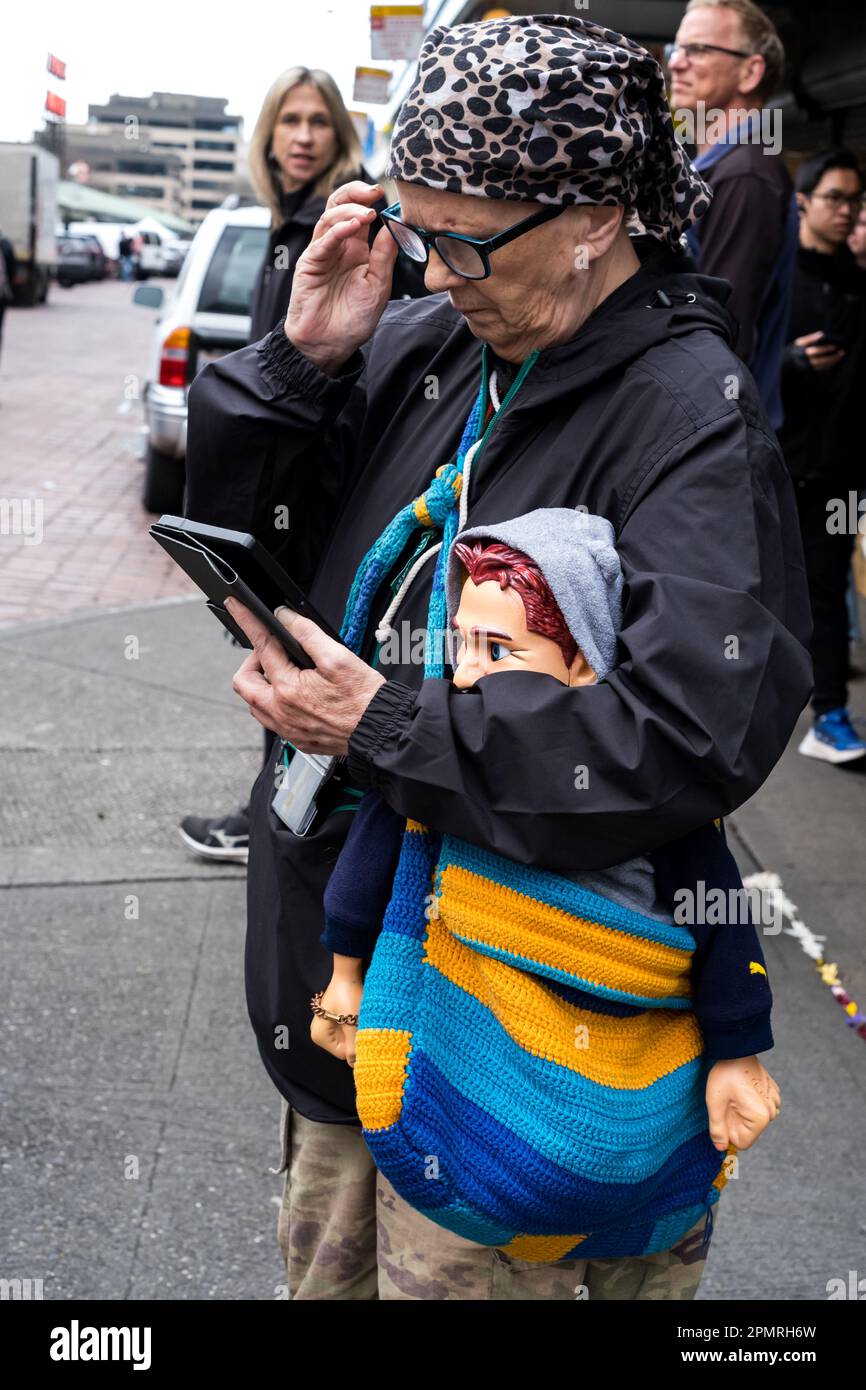 Seattle, USA. 20 Mar, 2023. A person at Pike Place Market with a Jeff ...