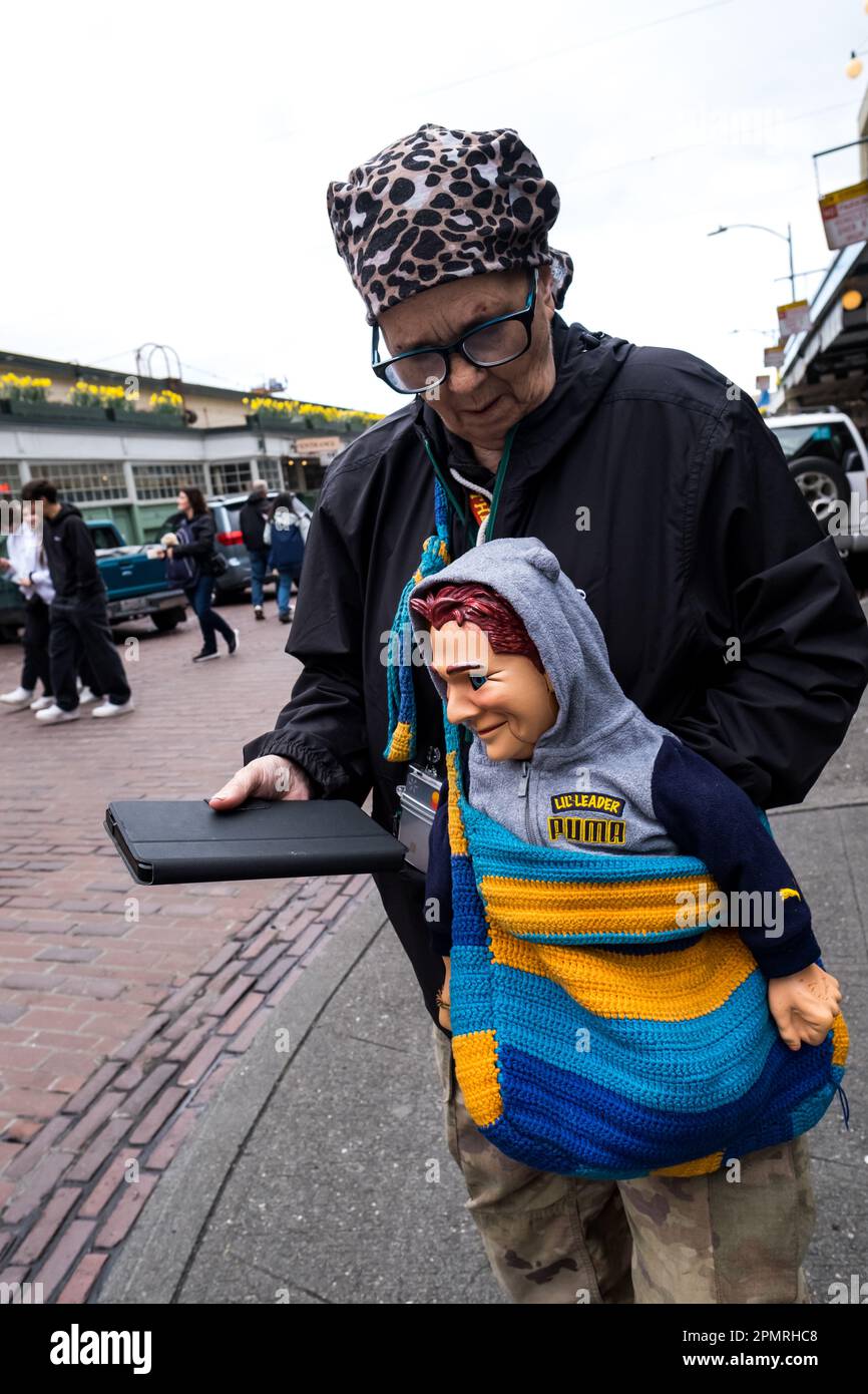 Seattle, USA. 20 Mar, 2023. A person at Pike Place Market with a Jeff ...