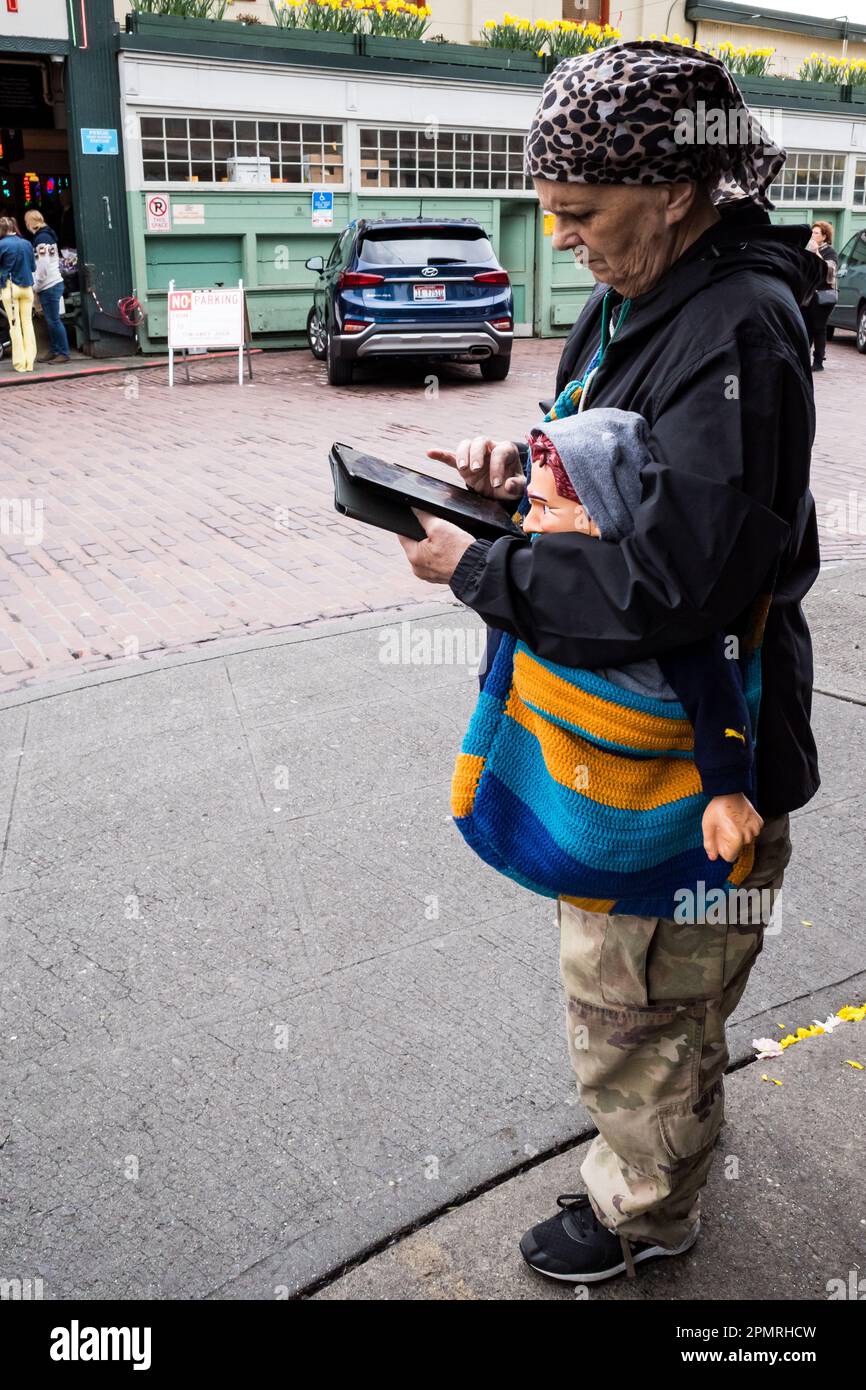 Seattle, USA. 20 Mar, 2023. A person at Pike Place Market with a Jeff ...