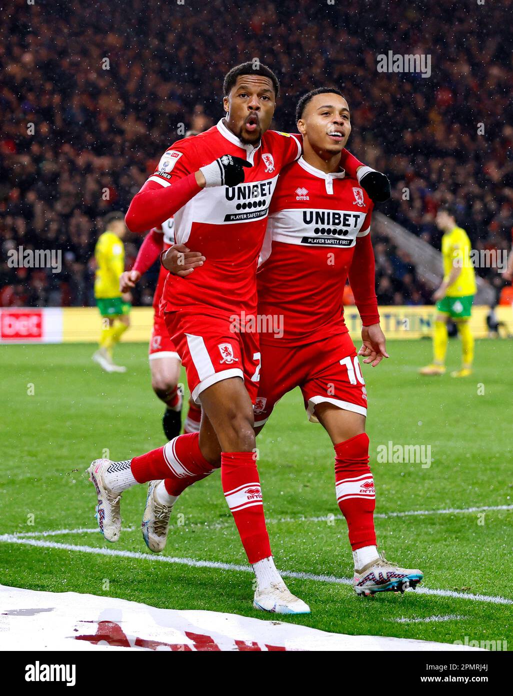 Middlesbrough's Chuba Akpom (left) celebrates scoring their side's ...