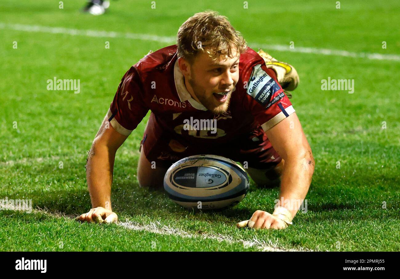 Sale Sharks' Gus Warr celebrates scoring his side's third try of the ...