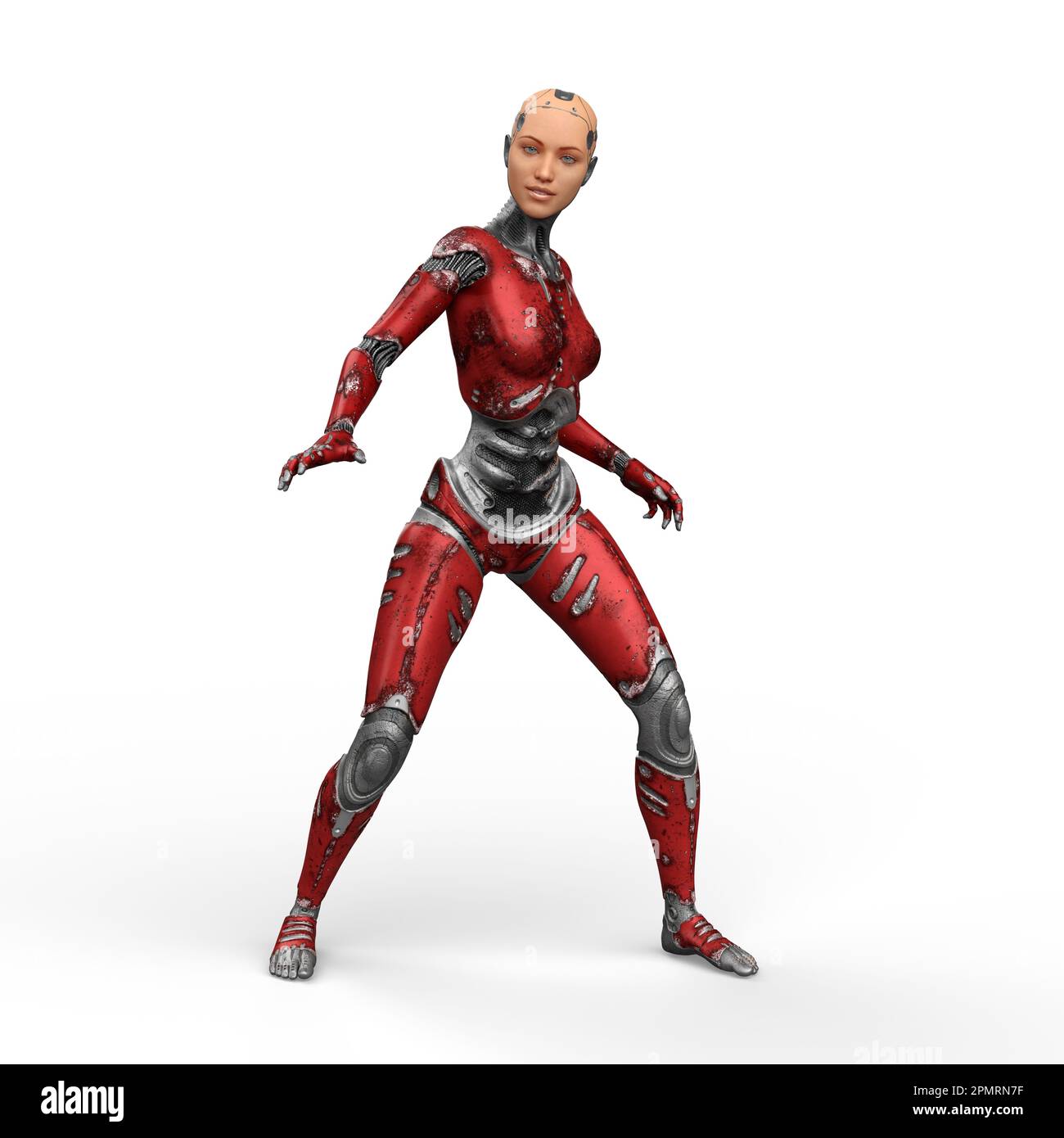 Futuristic female cyborg with red metallic body standing. 3D ...