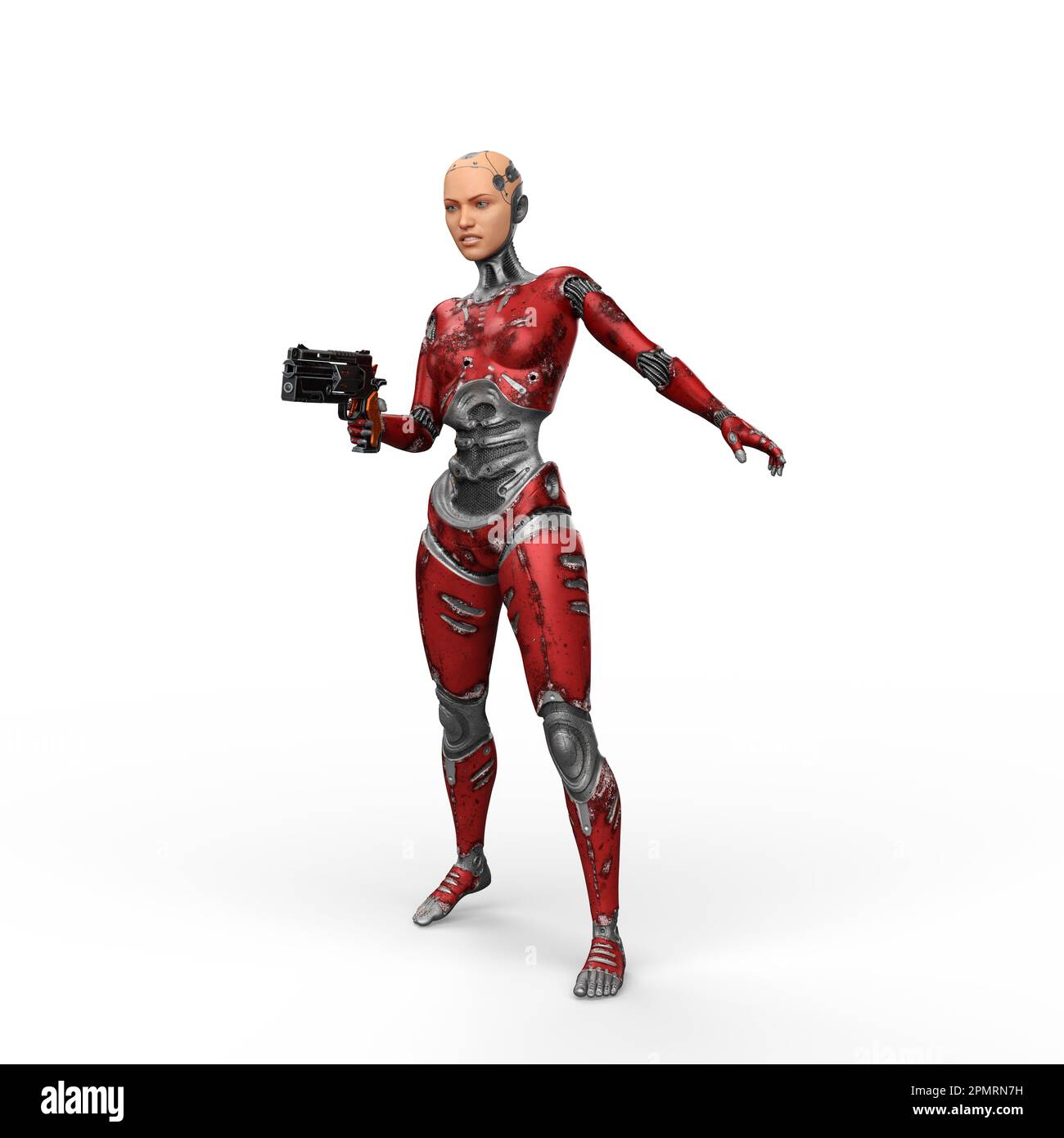 Futuristic female cyborg with red metallic body shooting gun in right ...