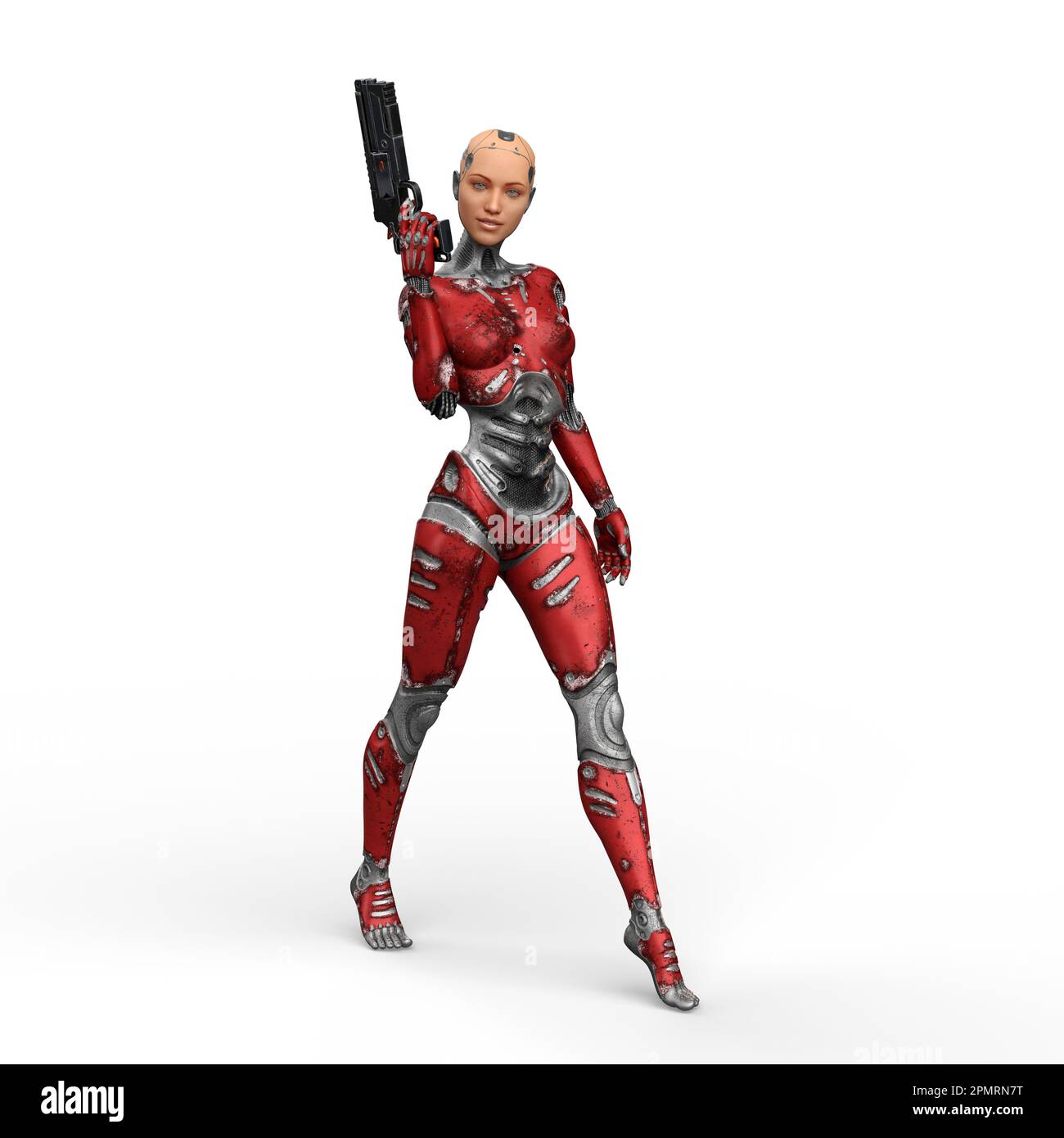 Futuristic female cyborg with red metallic body holding gun in right ...