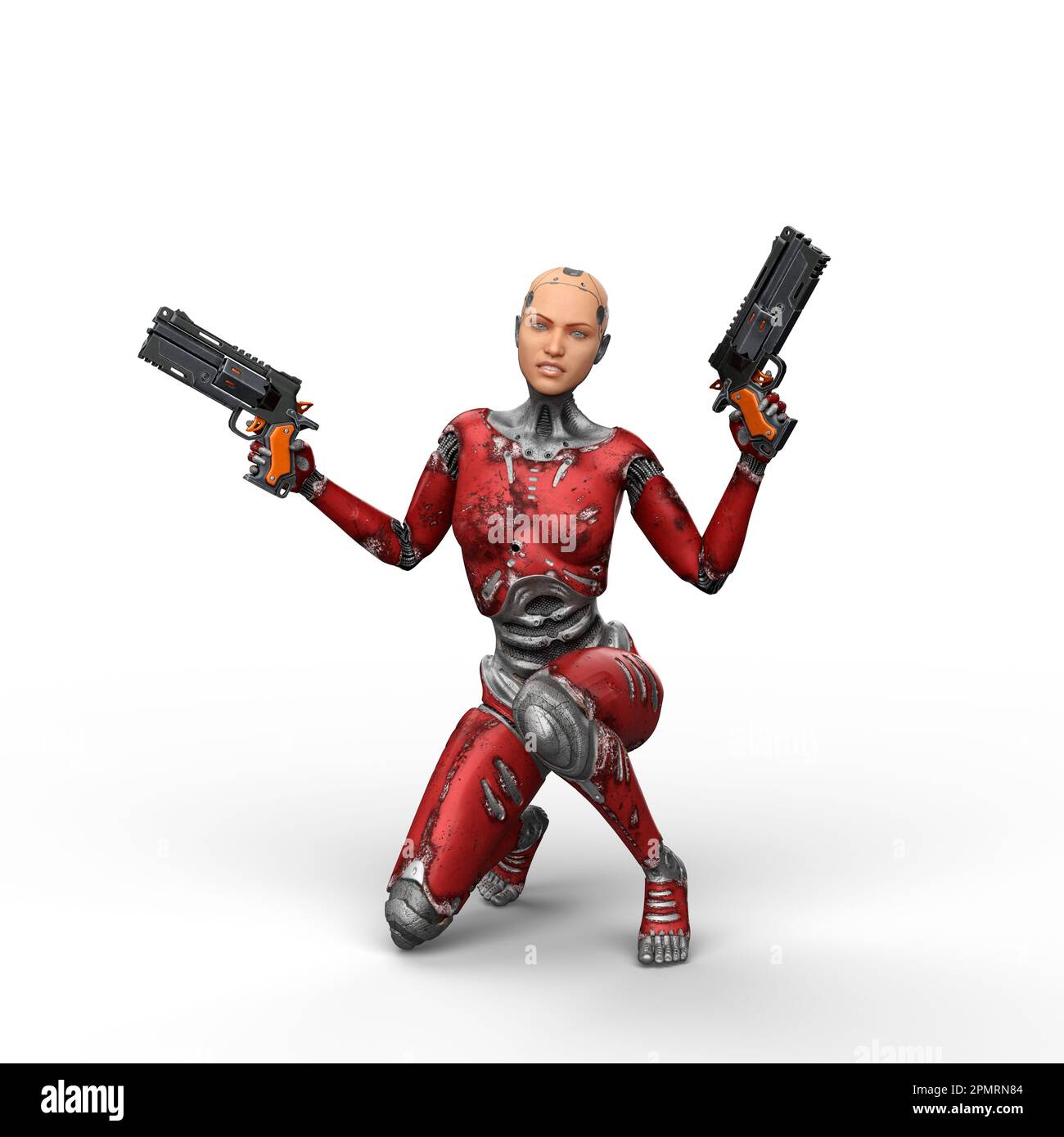 Futuristic female robot with red metallic body crouching on one knee ...