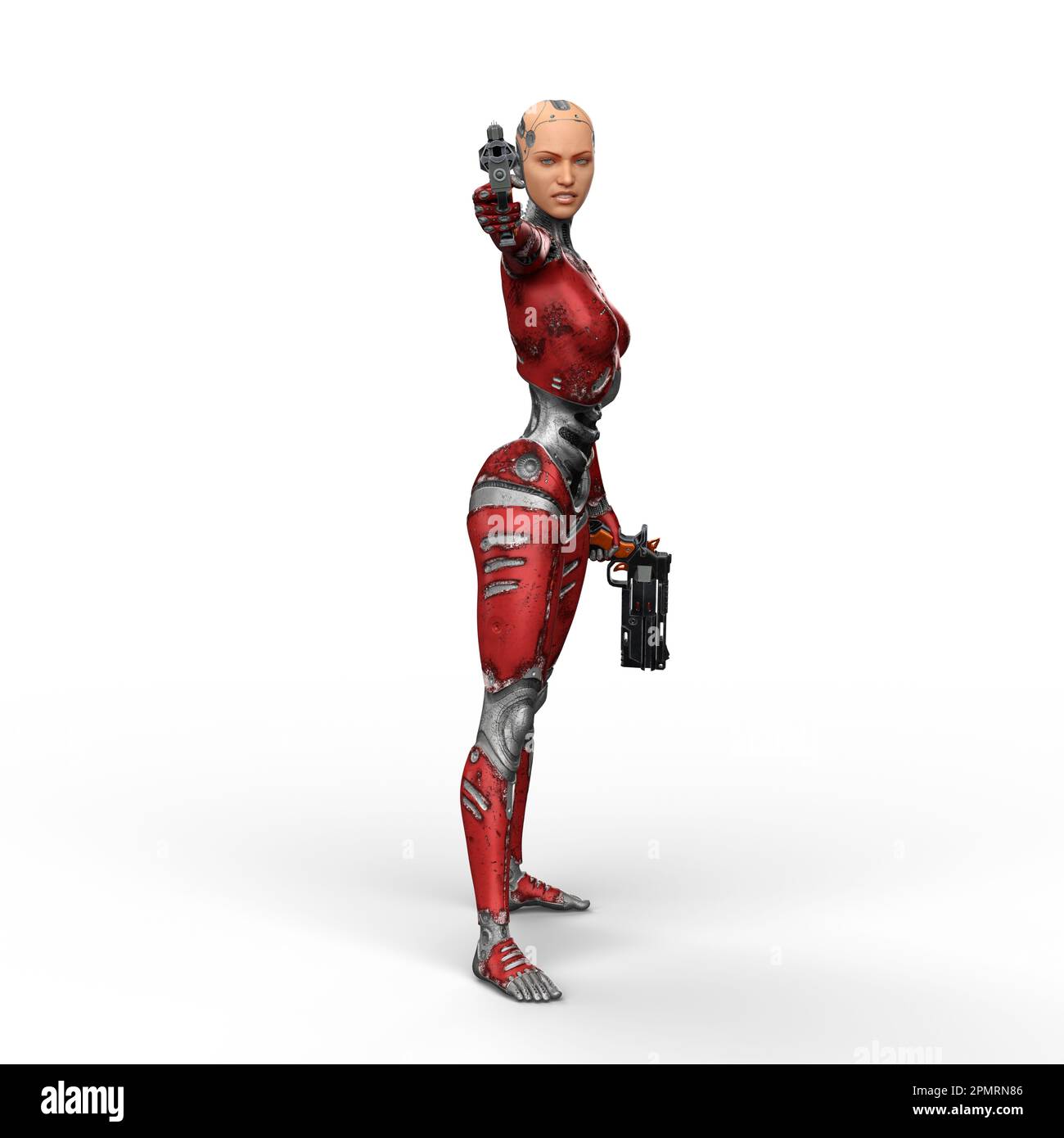 Futuristic cybernetic woman with red metallic body aiming a gun ...