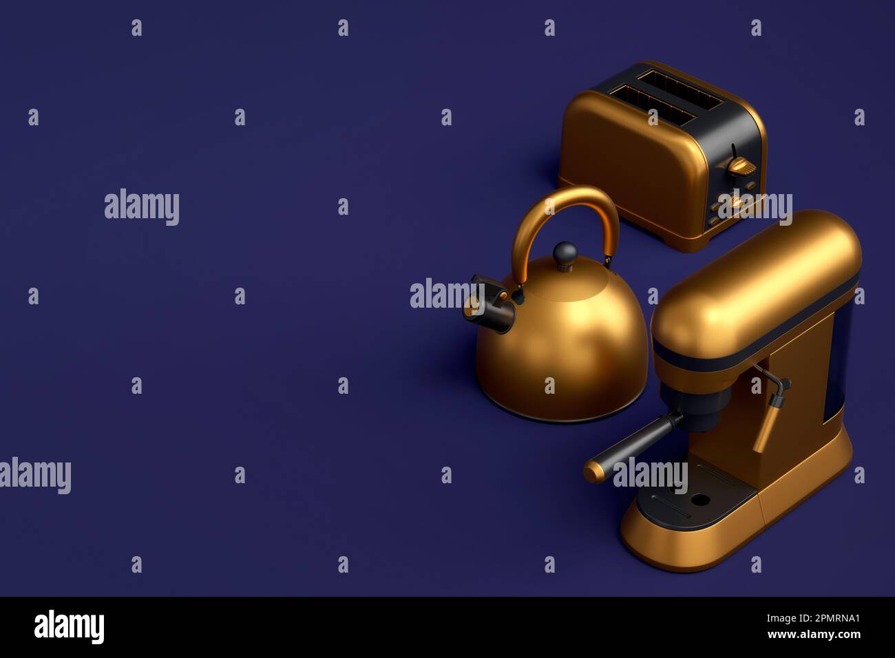 Kettle, toaster, coffee machine with horn and multicooker on blue ...