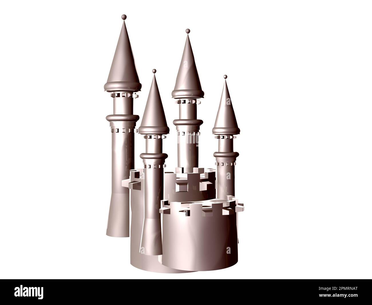 3D illustration of a silver castle battlement isolated over whilte ...